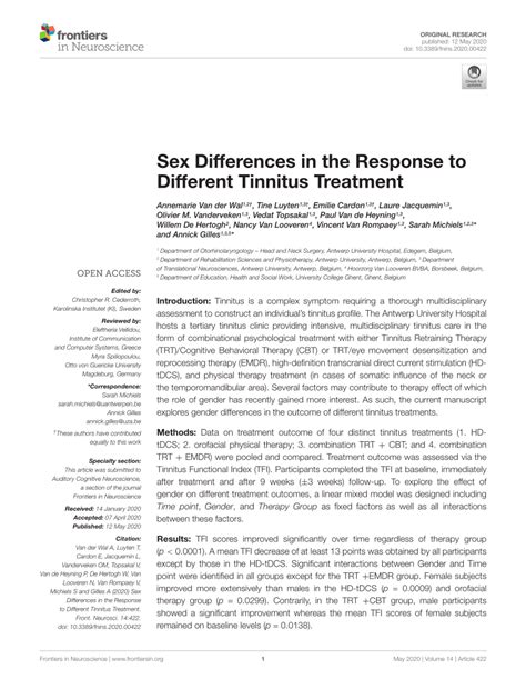 Pdf Sex Differences In The Response To Different Tinnitus Treatment