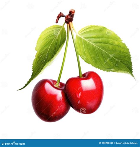 Two Isolated Cherries With Stem And Leaves Close Up On Cutout Png