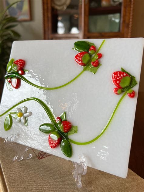 Plate Strawberries Handmade Glass Art Tray With Glass Strawberries Etsy