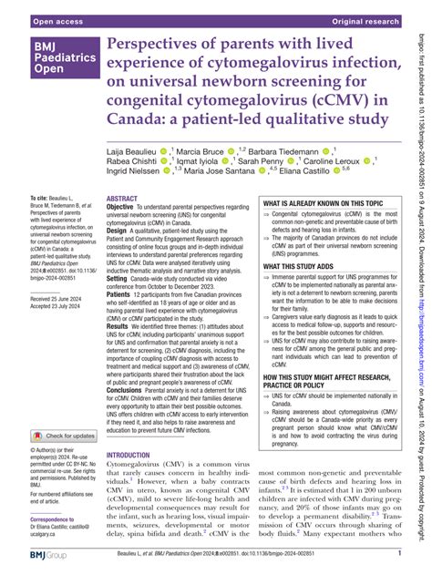 (PDF) Perspectives of parents with lived experience of cytomegalovirus infection, on universal ...