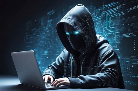 Hacker In A Hood Using A Laptop Coding And Data On A Code Background Digital Symbols And