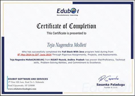 Teja Nagendra Molleti On Linkedin Fullstackwithjava Edubot Certificateofcompletion