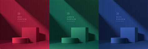 큐브 배경이 있는 3d 진한 빨간색 녹색 및 파란색 원통형 연단 배경 세트 스튜디오 벽 장면입니다 미니멀리스트 3d 모형 받침대 추상 스탠드 제품 디스플레이 프리젠 테이션