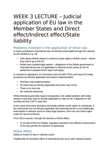 Week 3 Lecture Direct Effect Week 3 Lecture Judicial Application Of Eu Law In The Member