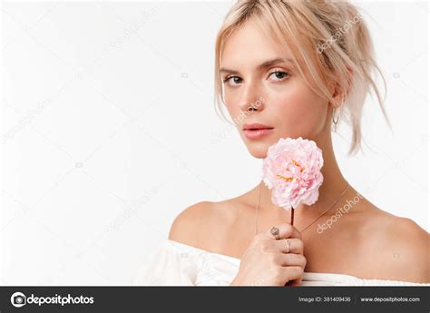 Image Beautiful Seductive Woman Earrings Posing Flower Camera Isolated White Stock Photo