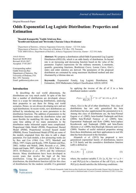 Pdf Odds Exponential Log Logistic Distribution Properties And Estimation