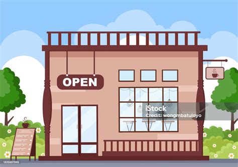 오픈 보드 나무 건물 가게 외관커피숍 일러스트레이션 플랫 디자인 컨셉 가구에 대한 스톡 벡터 아트 및 기타 이미지 가구