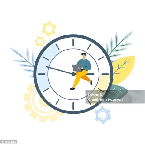 시간 관리 벡터 일러스트 레이 션입니다 노트북을 가진 시계의 사람은 일과 일의 시간을 통제합니다 개념에 대한 스톡 벡터 아트 및 기타 이미지 Istock