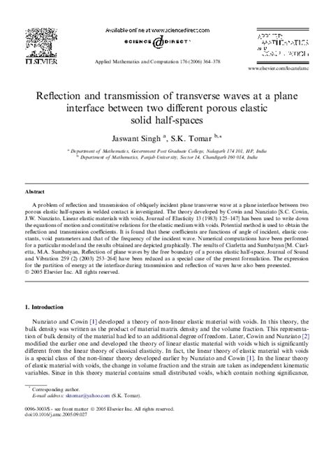 Pdf Reflection And Transmission Of Transverse Waves At A Plane