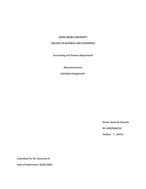 Macroeconomics Assignment I Ans Addis Ababa University College Of