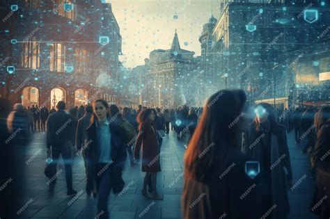 Premium Ai Image Crowd Of Business People Tracked With Technology Walking On Busy Urban City