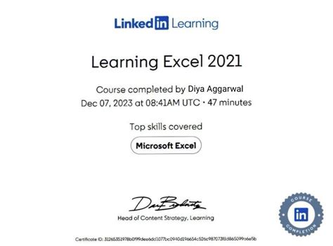 Hey Connections 🙋🏻‍♂️ My Certificate On Completions Of Learning Excel Diya Aggarwal