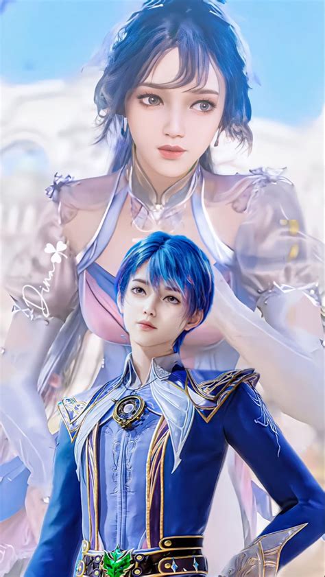 An Anime Character With Blue Hair Standing Next To Another Character In Front Of A Sky Background