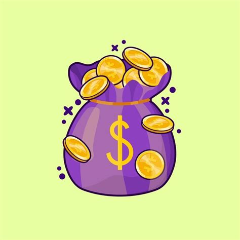 만화 스타일의 동전 일러스트로 가득 찬 돈 가방 프리미엄 벡터