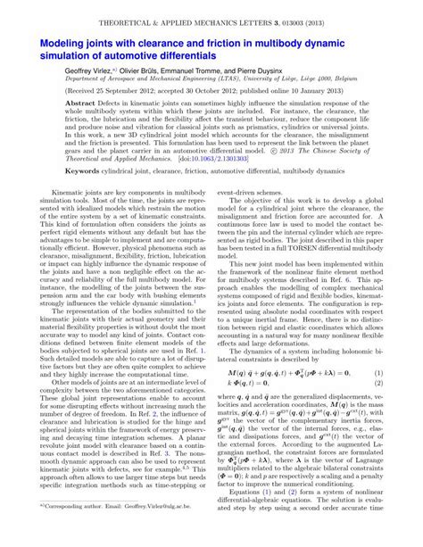 pdf modeling joints with clearance and friction in multibody dynamic