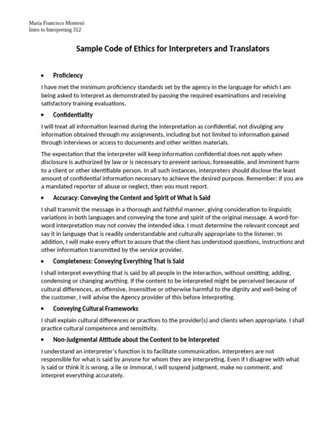 Sample Code Of Ethics For Interpreters And Translators 1 Pdf
