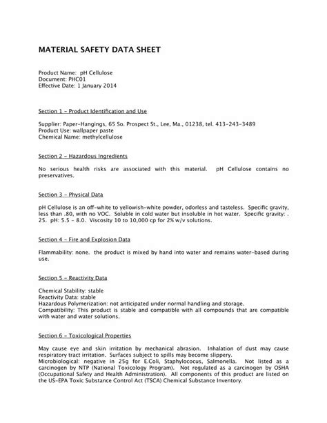 PDF MATERIAL SAFETY DATA SHEET Paper Hangings Cellulose 2014 Pdf MATERIAL SAFETY DATA