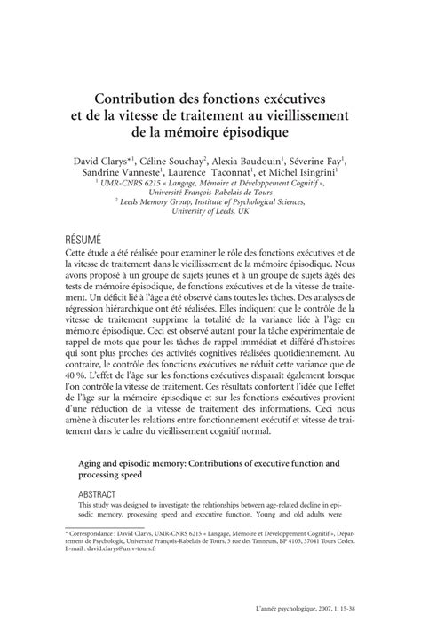 Pdf Aging And Episodic Memory Contributions Of Executive Function And Processing Speed