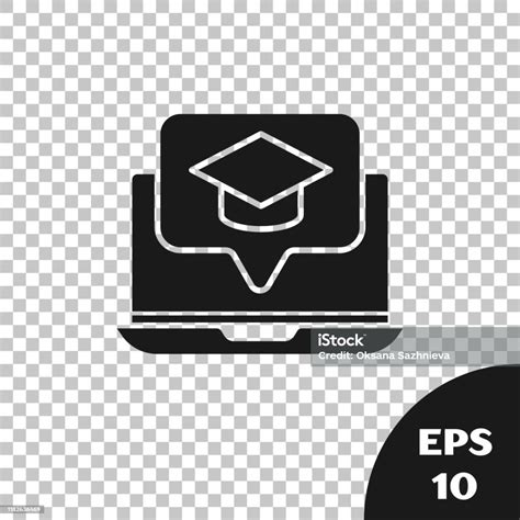 투명 한 배경에 격리 된 화면 노트북 아이콘에 검은 졸업 모자 온라인 학습 또는 E러닝 개념 벡터 일러스트레이션 개념에 대한