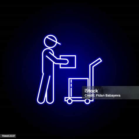 파란색 네온 스타일의 택배 배달 라인 아이콘입니다 물류 일러스트 아이콘 의 집합입니다 표지판 기호는 웹 로고 모바일 앱 Ui Ux에 사용할 수 있습니다 개념에 대한 스톡