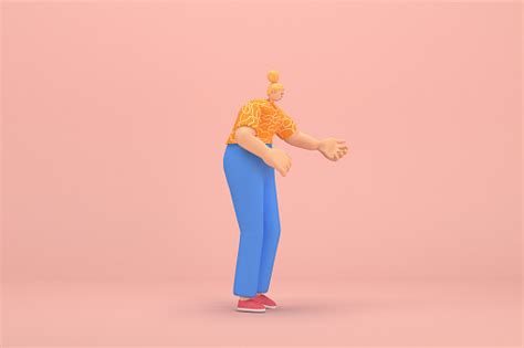 황금빛 머리를 가진 여자는 파란색 코듀로이 바지와 흰색 줄무늬가 있는 주황색 티셔츠를 입고 롤빵에 묶여 있습니다 그녀는 말할 때 손의 표현입니다 연기에서 만화 캐릭터의 3d