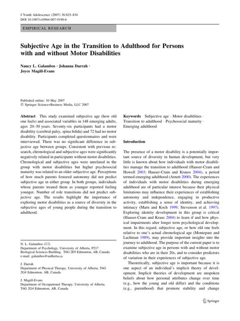 Subjective Age In The Transition To Adulthood For Persons With And Without Motor Disabilities