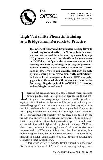 Pdf High Variability Phonetic Training As A Bridge From Research To