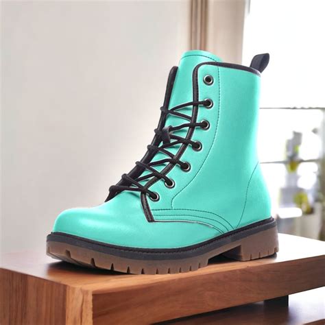 Aqua Blue Vegan Combat Boots Light Teal Punk Boot Turquoise Lace Up