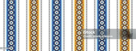 우크라이나 스트라이프 프린트 직물 직물 피복을 위한 벡터 이음새가 없는 본 전통적인 민속 줄무늬 프린트 노란색과 파란색의 민족 장식 픽셀 아트 Vyshyvanka 십자수 0