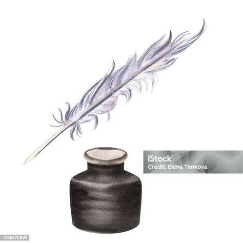 수채화 잉크병과 쓰기 글자를 위한 깃펜 흰색 퀼 펜이 있는 유리 잉크병 손으로 그린 수채화 삽화 엽서 스크랩북 초대장 및 기타 디자인용 개체 그룹에 대한 스톡 벡터 아트 및