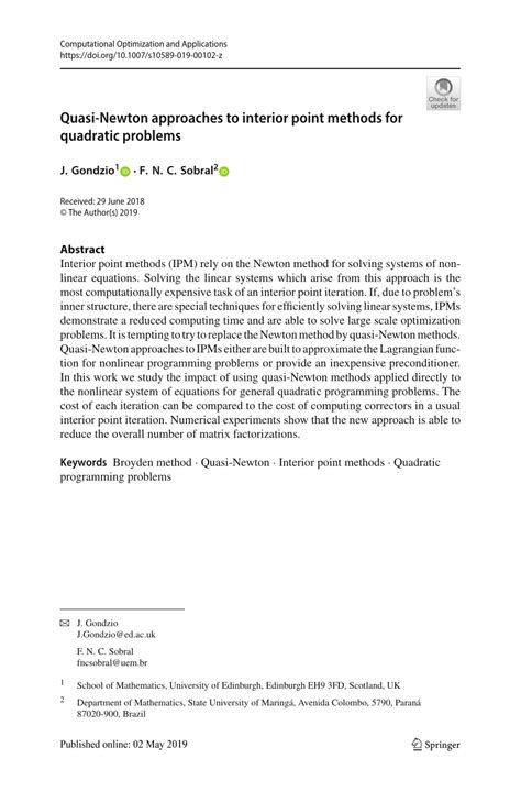 Pdf Quasi Newton Approaches To Interior Point Methods For Quadratic Problems