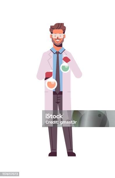 실험실 연구 과학 화학 개념 수직 전체 길이에서 실험을 만드는 플라스크를 균일하게 들고 있는 다채로운 액체 남자와 시험관을 들고 있는 남성 과학자 전신에 대한 스톡 벡터
