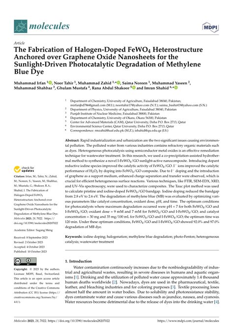 Pdf The Fabrication Of Halogen Doped Fewo4 Heterostructure Anchored Over Graphene Oxide