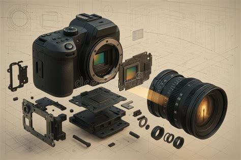 Disassembled Camera Visual Representation With Focus On Components Such As Lens Sensor And