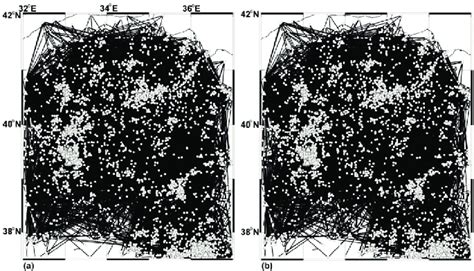 horizontal ray path coverage of p‐wave a and s‐wave b data sets in