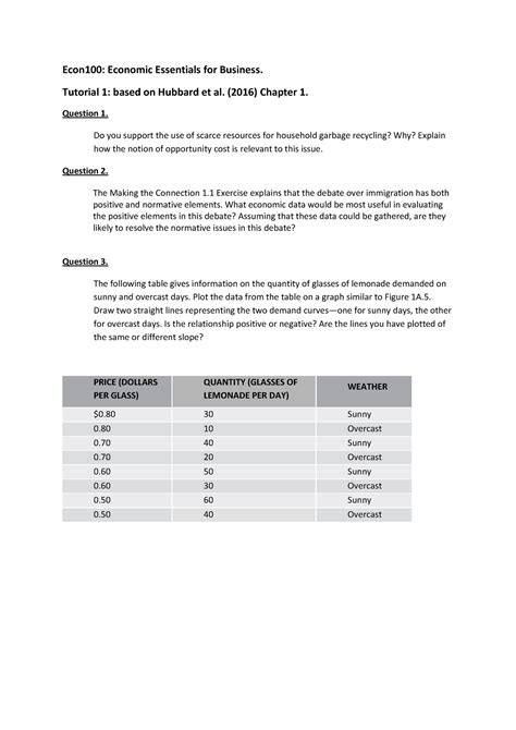 econ tutorial 1 econ100 economic essentials for business