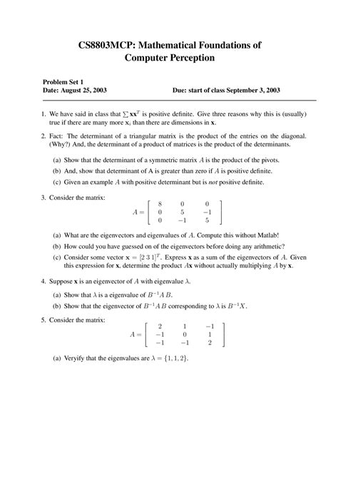 Problem Set 1 For Mathematical Foundations Of Computer Perception Cs