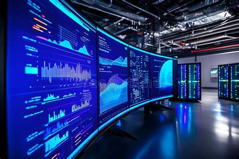 High Tech Data Center With Large Curved Monitors Displaying Analytics And Graphs Surrounded By