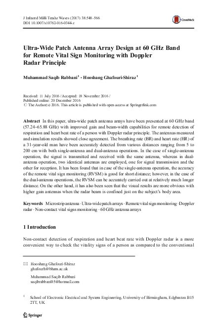 Pdf Ultra Wide Patch Antenna Array Design At 60 Ghz Band For Remote Vital Sign Monitoring With