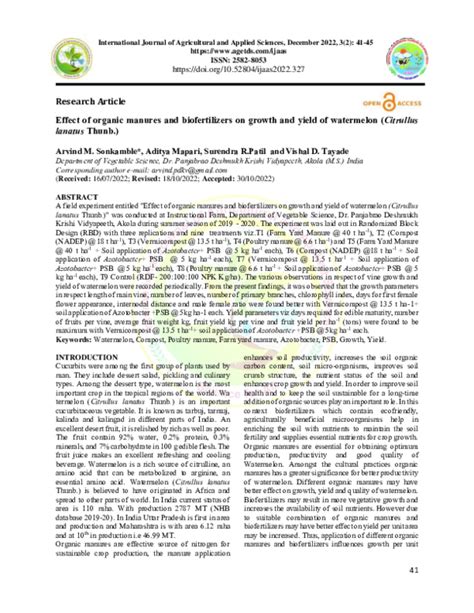 (PDF) Effect of organic manures and biofertilizers on growth and yield of watermelon (Citrullus ...