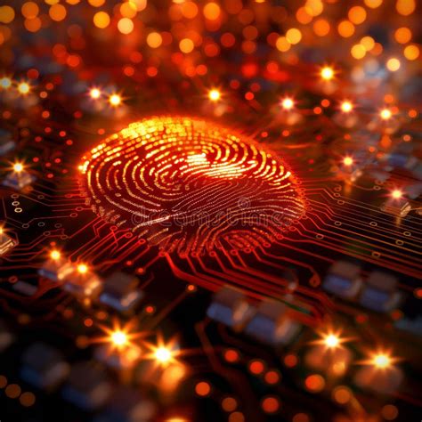 Tech Identity Illuminated Fingerprint On A Circuit Board Stock