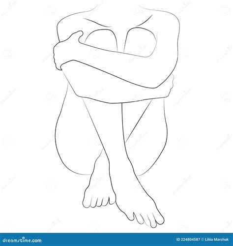 A Naked Girl In A Dreamy Pose Hugs Her Knees With Her Hands Minimalism Style Stock Vector