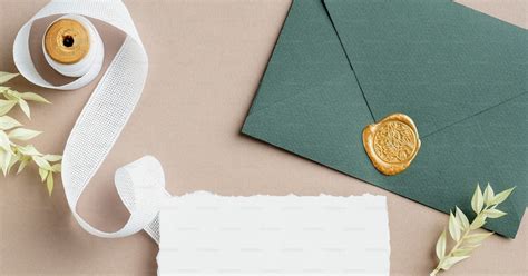 찢어진 종이 실크 리본 왁스 씰이 있는 녹색 봉투 파스텔 베이지색 배경에 말린 꽃 청첩장 카드 템플릿입니다 플랫 레이 평면도 복사 공간 사진