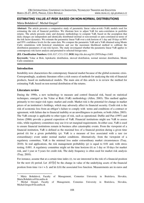 Pdf Estimating Value At Risk Based On Non Normal Distributions