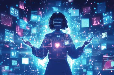digital interface interaction woman surrounded by holographic data and