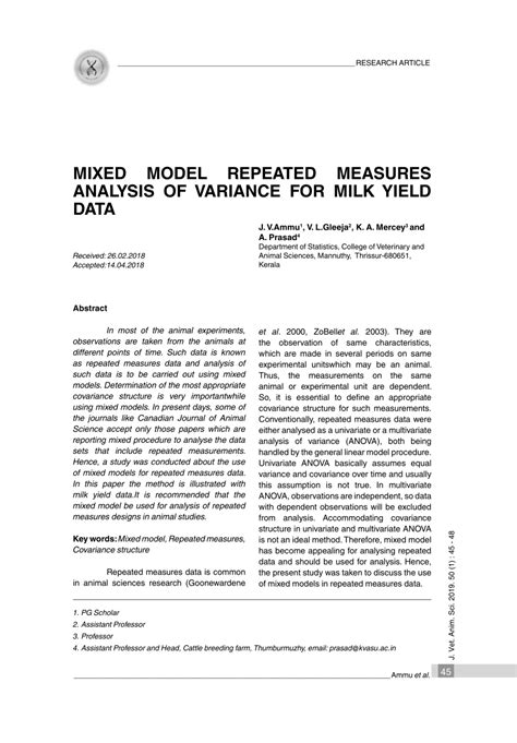 Pdf Mixed Model Repeated Measures Analysis Of Variance For Milk Yield