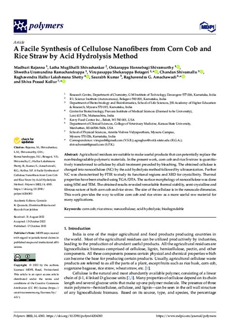 Pdf A Facile Synthesis Of Cellulose Nanofibers From Corn Cob And Rice Straw By Acid Hydrolysis