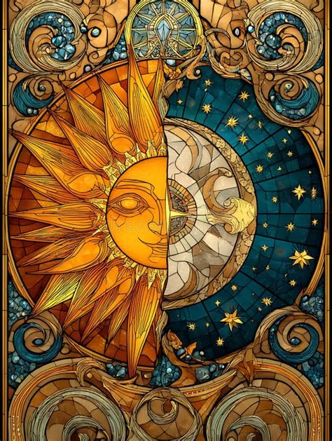 Stained Glass Art Depicting A Sun And Moon Theme Stock Illustration