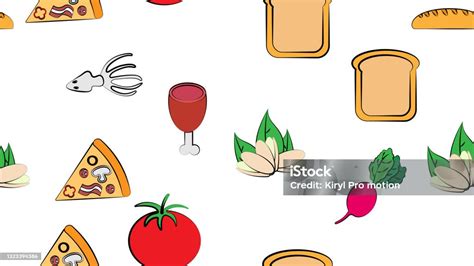 피자 고기 햄 피스타치오 토마토 빵 덩어리 무 오징어 맛있는 음식과 레스토랑 바 카페에 대한 간식 항목의 아이콘 세트에서 끝없는 흰색 원한 패턴 배경 건강한 식생활에 대한