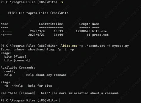 bito exe p prompt txt f mycode py command not working on windows
